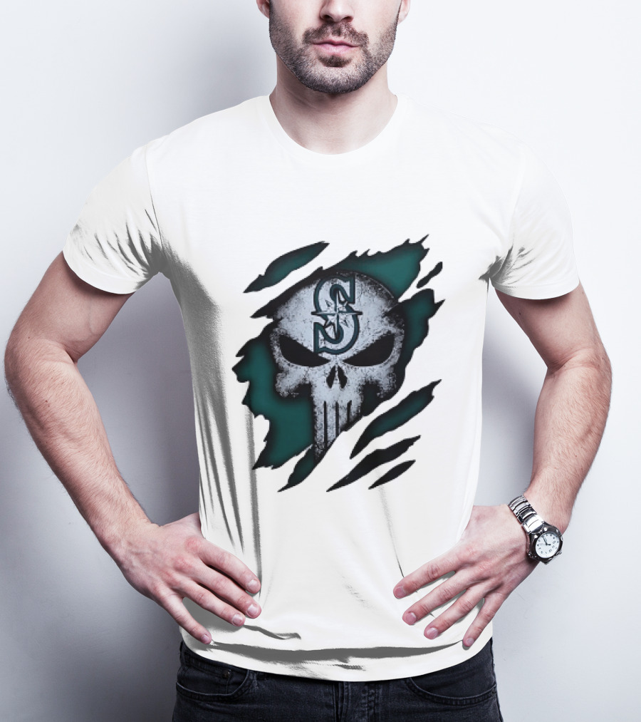 Seattle Mariners Punisher Skull Grunge Tear Effect T-Shirt