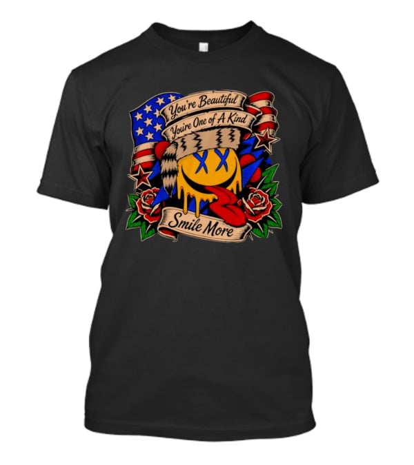 Smile More You're Beautiful You're One Of A Kind American Flag Roses Smiley Face T-Shirt