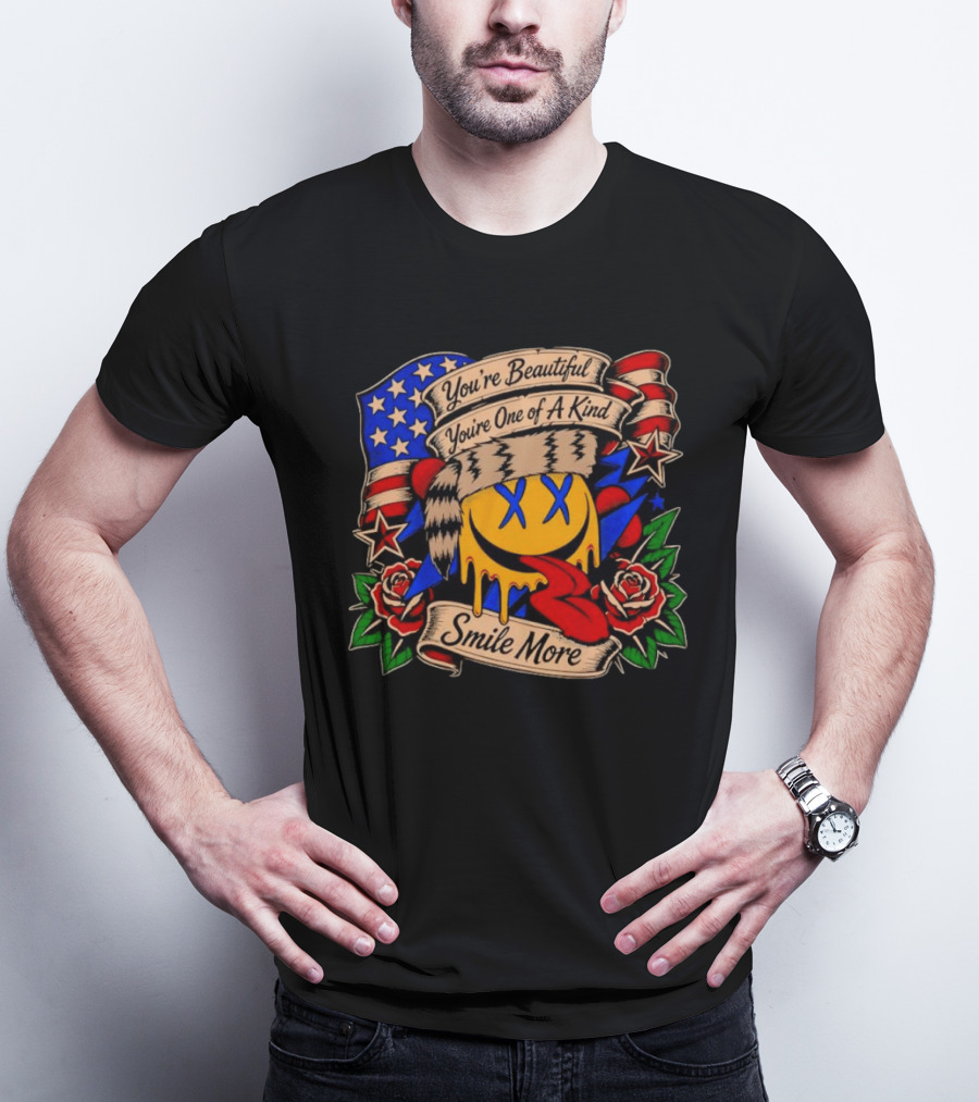 Smile More You're Beautiful You're One Of A Kind American Flag Roses Smiley Face T-Shirt