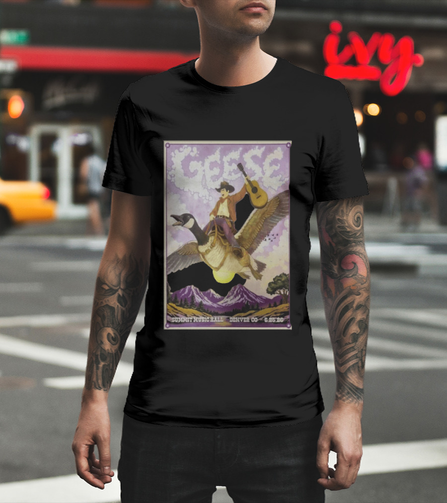 Geese Summit Music Hall Denver CO 6.25.26 Tour Cowboy Riding Goose Guitar T-Shirt