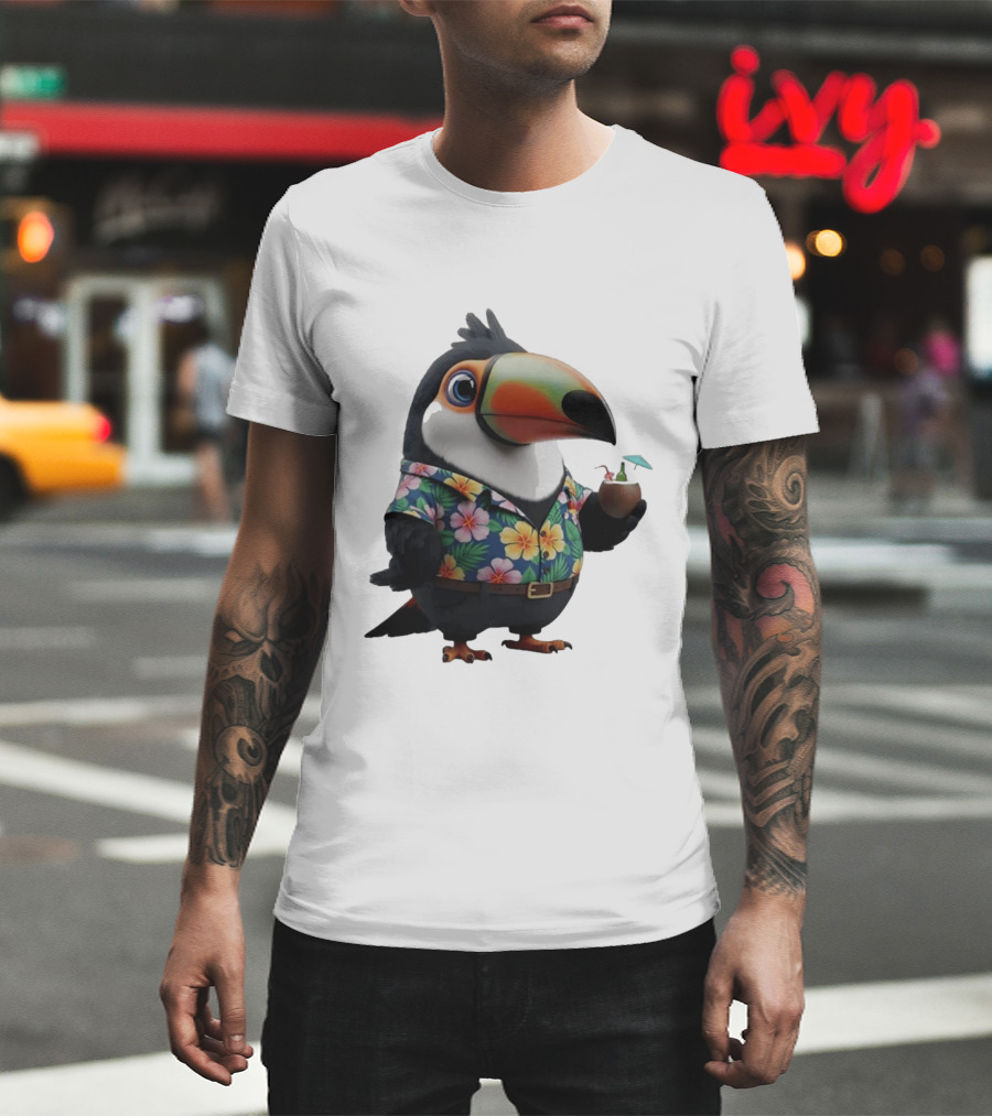Cartoon Toucan In Hawaiian With Tropical Coconut Drink T-Shirt