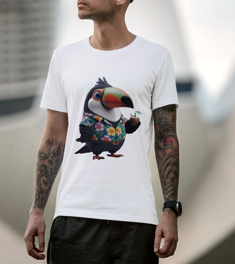 Cartoon Toucan In Hawaiian With Tropical Coconut Drink T-Shirt