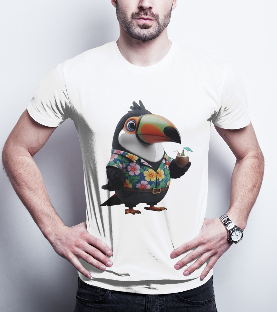 Cartoon Toucan In Hawaiian With Tropical Coconut Drink T-Shirt