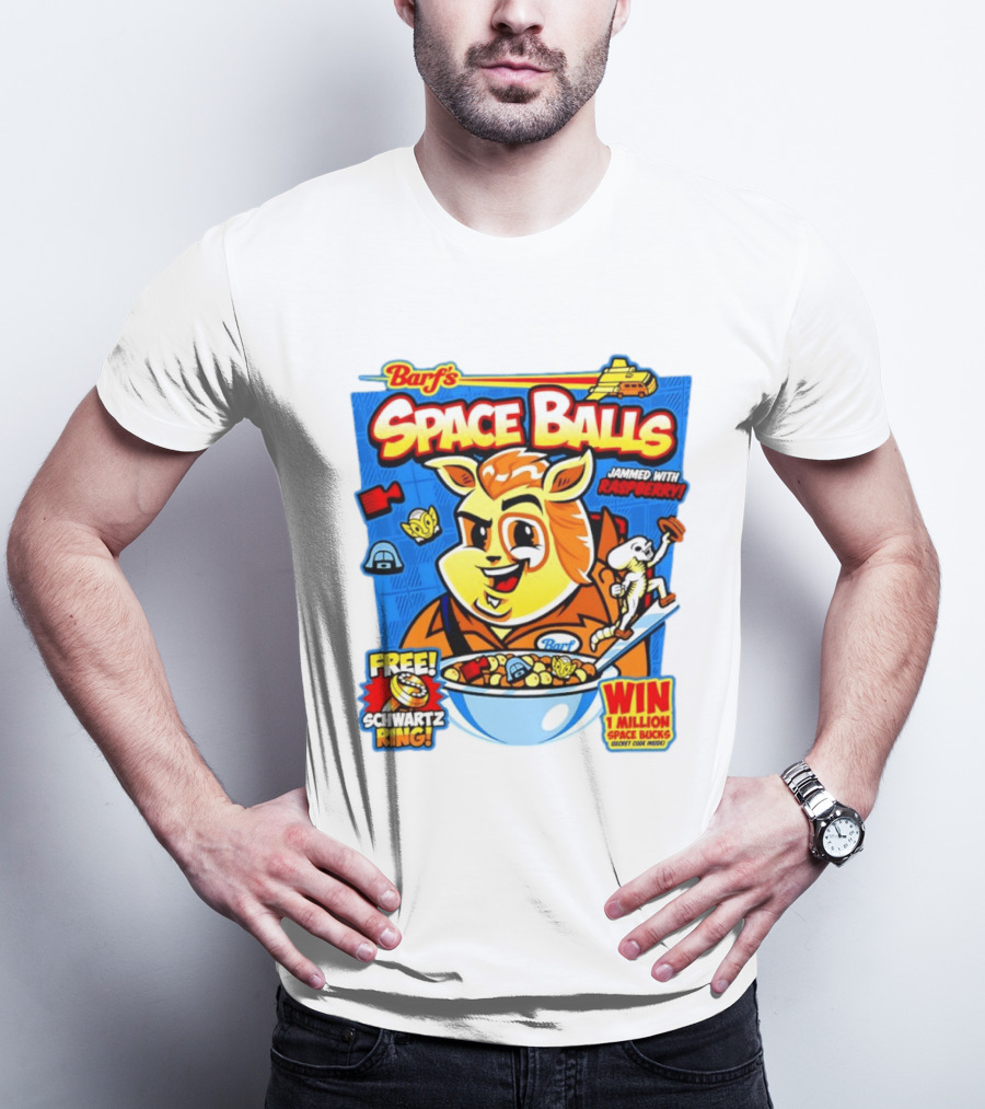 Barf Space Balls Cereal Box Jammed With Raspberry Free Schwartz Ring Win 1 Million Space Bucks T-Shirt