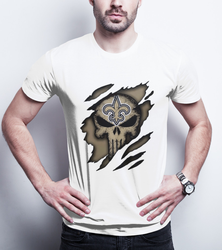 New Orleans Saints Punisher Skull Ripped Effect Fleur De Lis T-Shirt