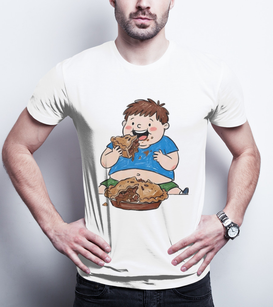 Funny Eating Pies Cartoon Boy Indulging In Delicious Pastry T-Shirt