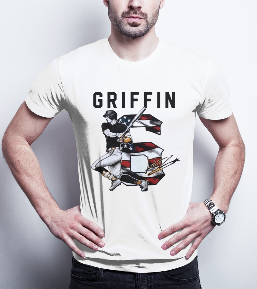 Griffin Baseball Player Swinging Bat American Flag Number 6 T-Shirt