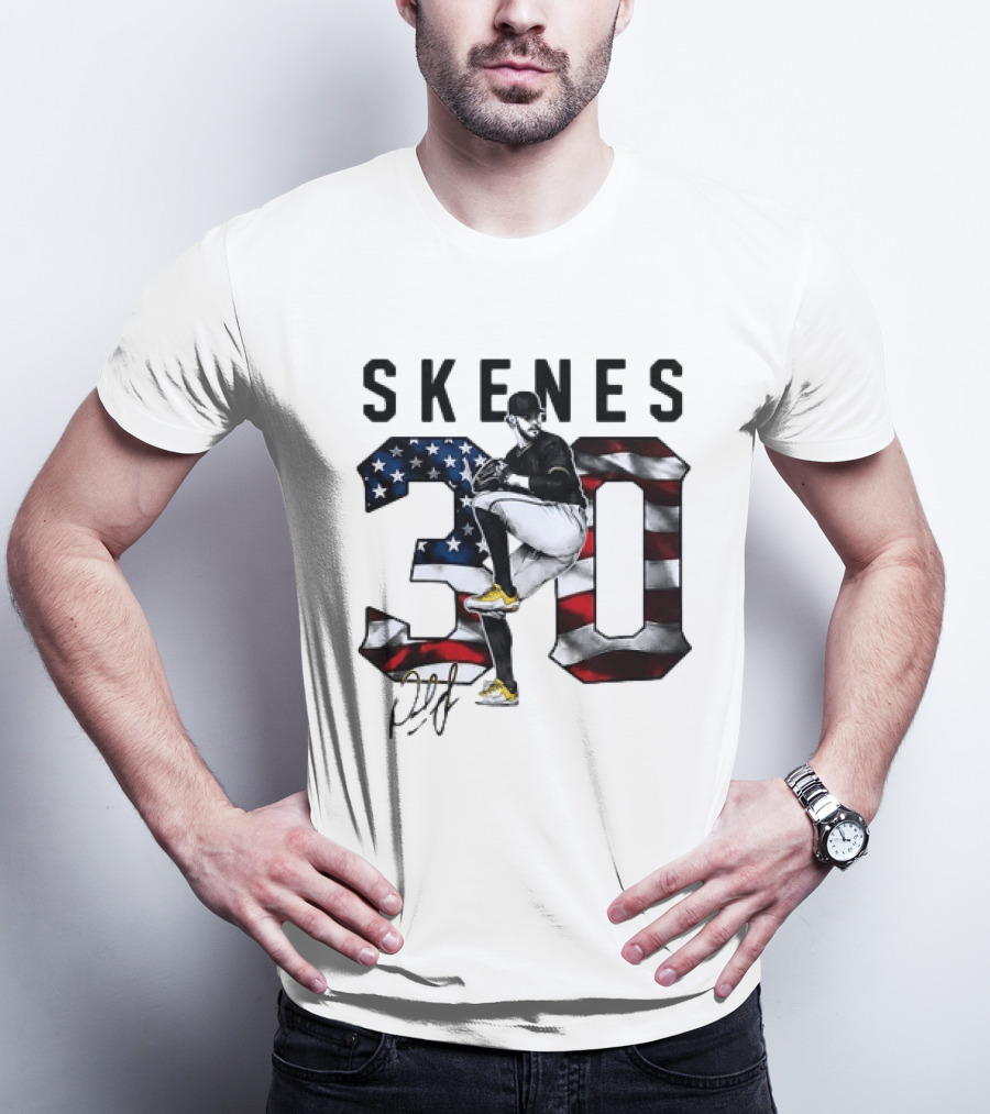 Skenes 30 Pitching Pose Pittsburgh Pirates American Flag Baseball T-Shirt