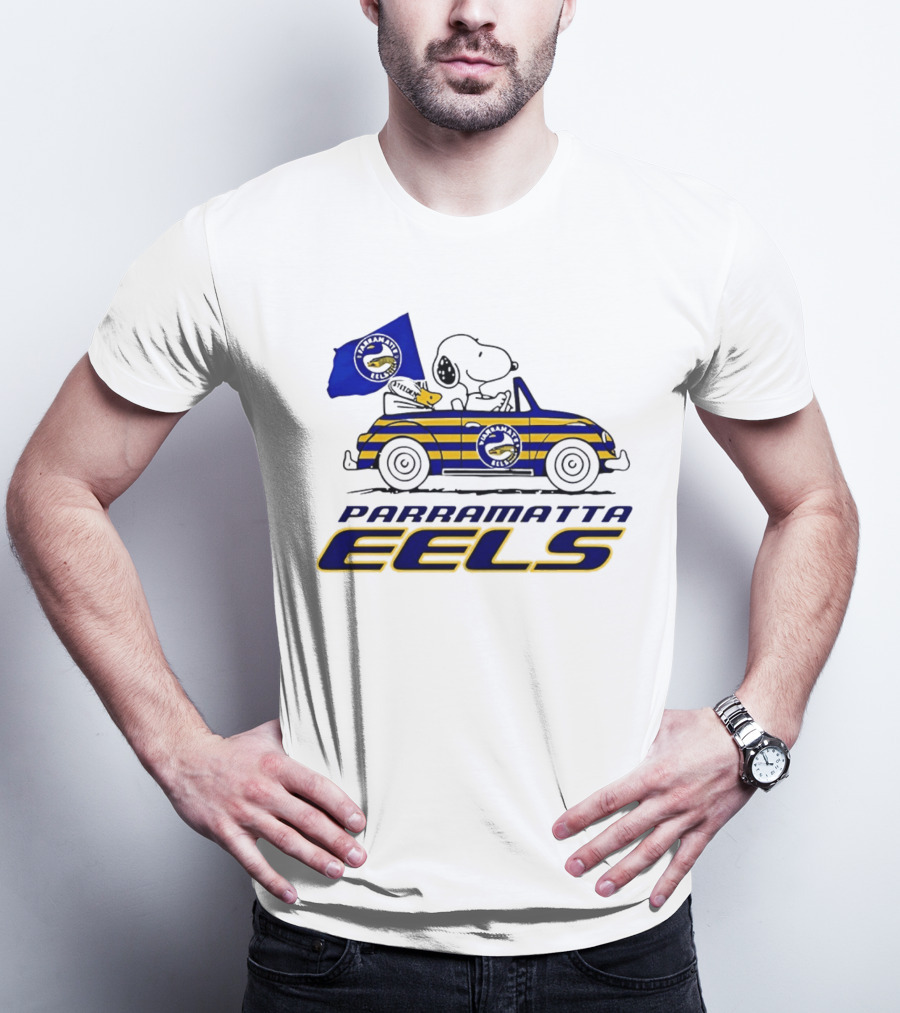 Snoopy Driving Car With Parramatta Eels Flag National Rugby League T-Shirt