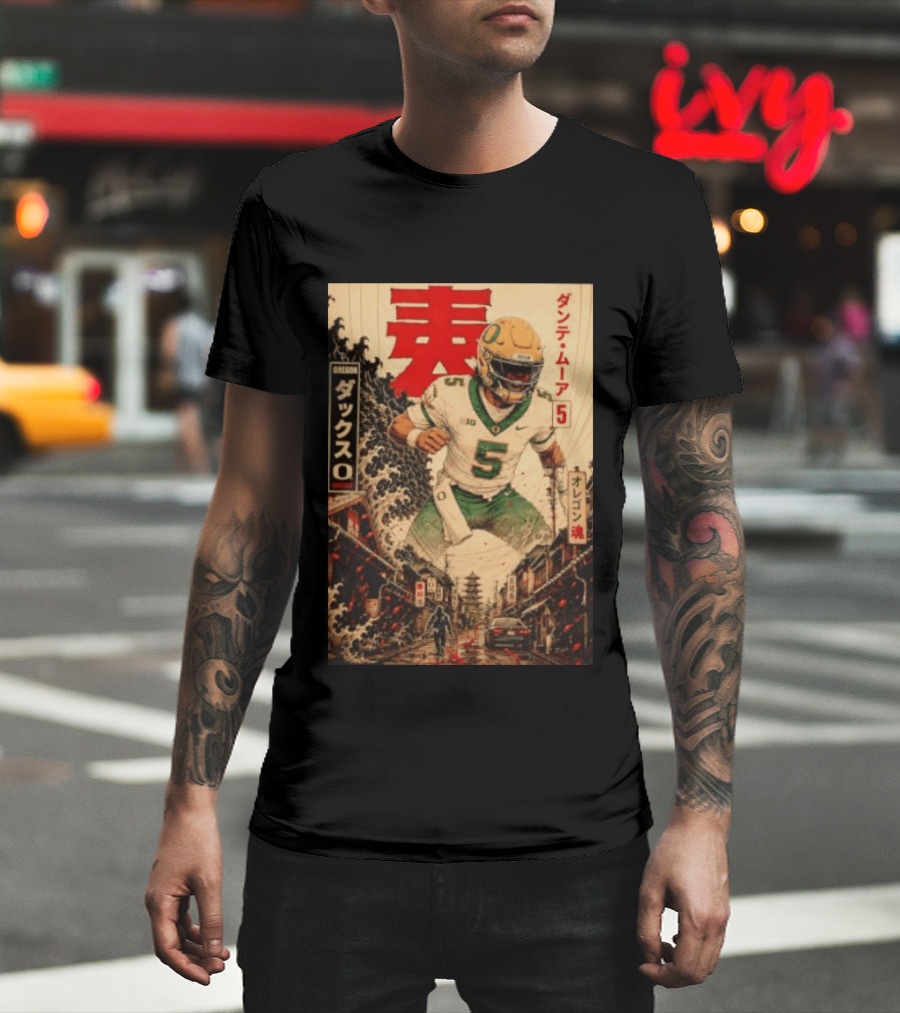 Dante Moore Number 5 Oregon Ducks Football Japanese Art Style Rugged City Scene T-Shirt