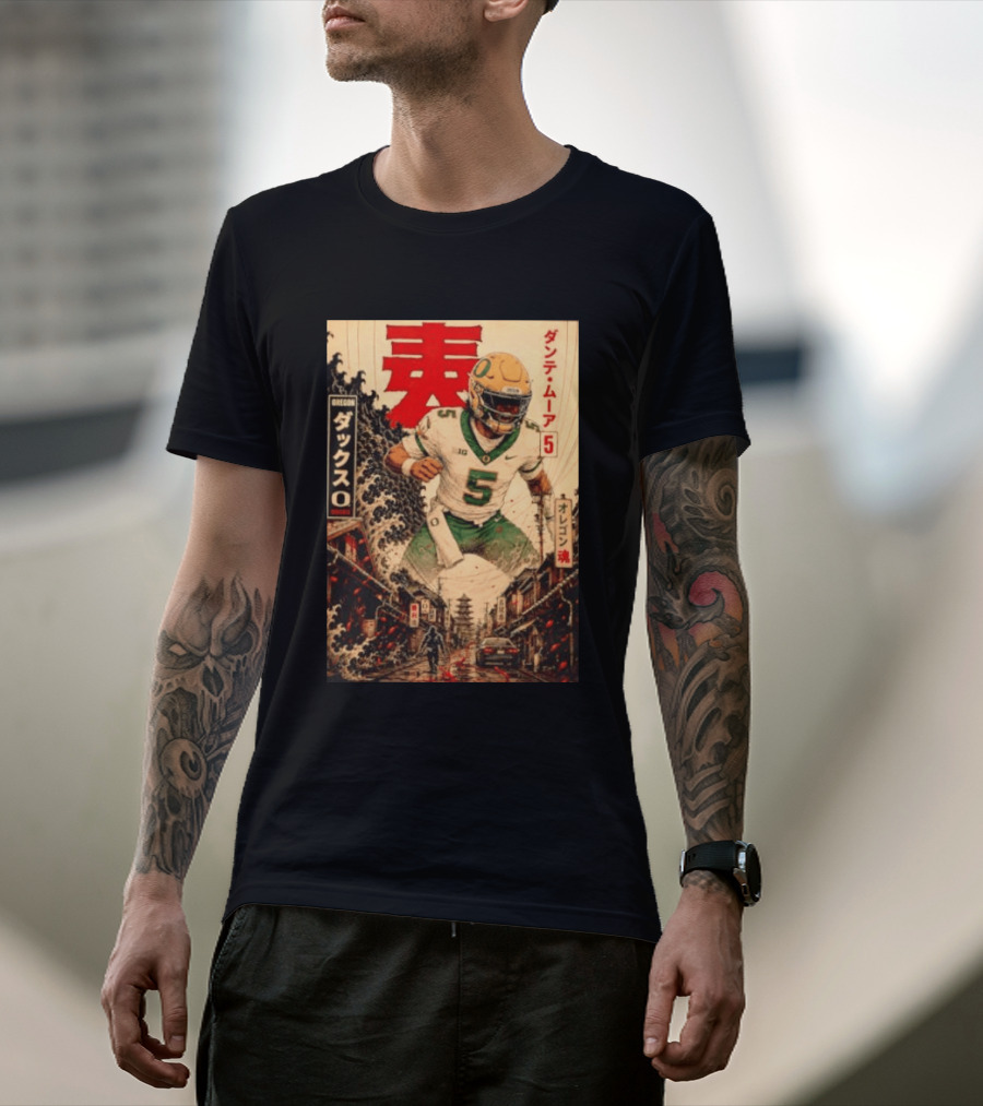 Dante Moore Number 5 Oregon Ducks Football Japanese Art Style Rugged City Scene T-Shirt