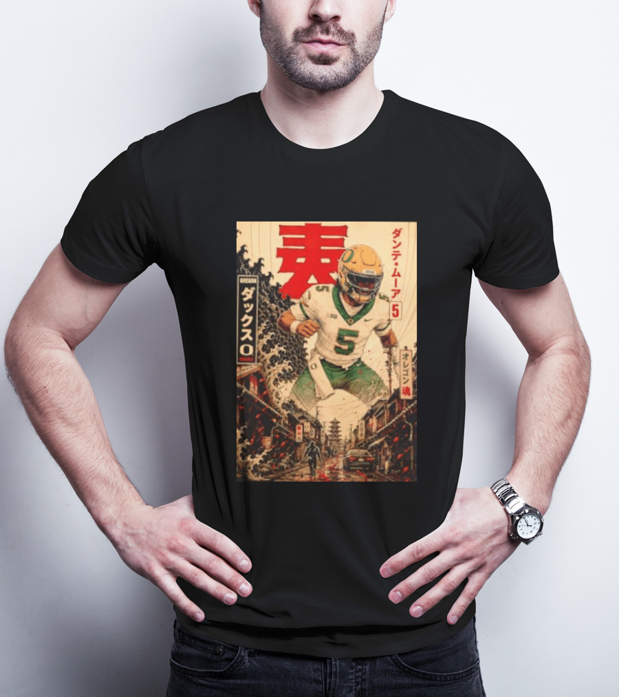 Dante Moore Number 5 Oregon Ducks Football Japanese Art Style Rugged City Scene T-Shirt