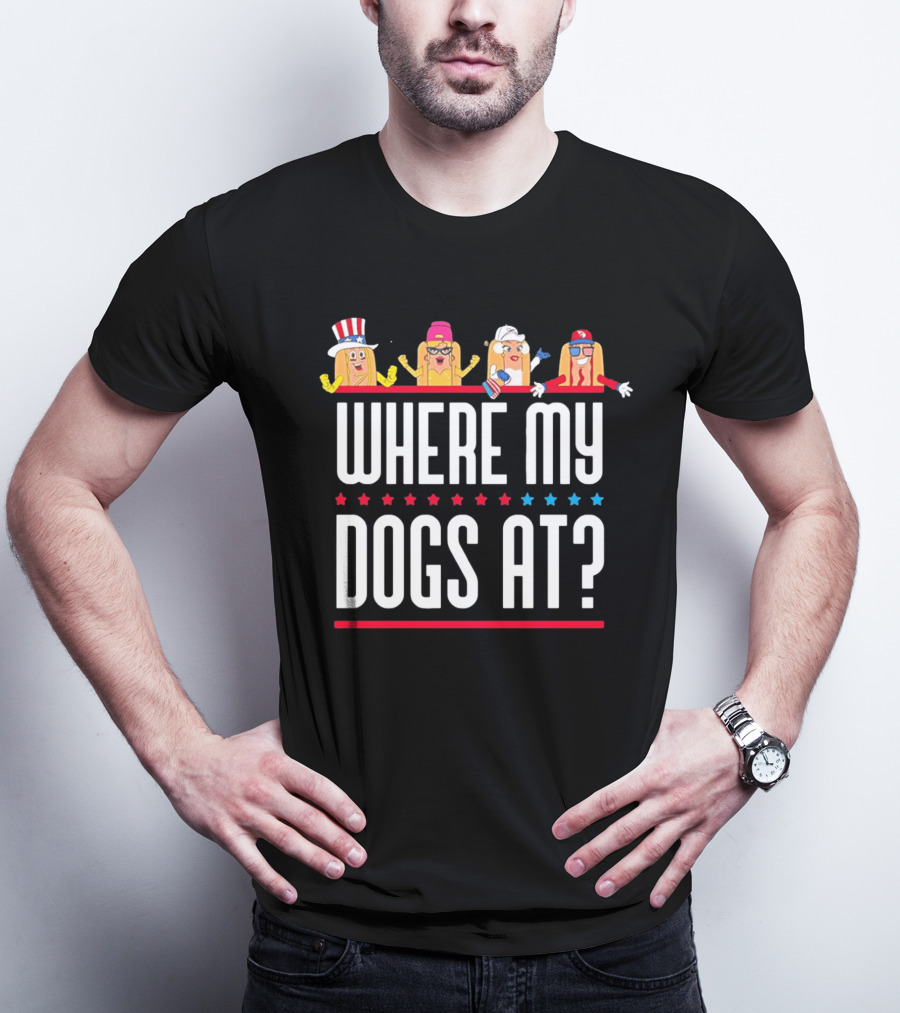 Independence Day Party Friends Where My Dogs At Patriotic Hotdog Characters T-Shirt