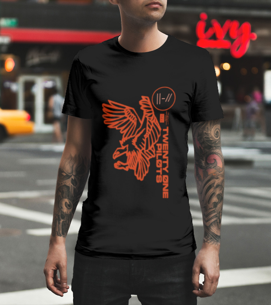 Twenty One Pilots Logo With Red Hawk Symbol And Band Name T-Shirt