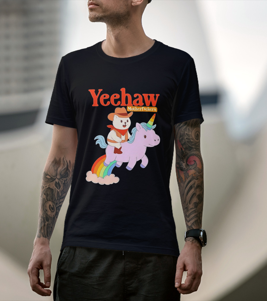 Yeehaw Motherfuckers Cat Cowboy On Rainbow Unicorn T-Shirt