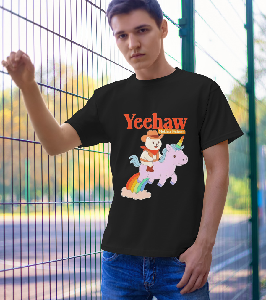 Yeehaw Motherfuckers Cat Cowboy On Rainbow Unicorn T-Shirt