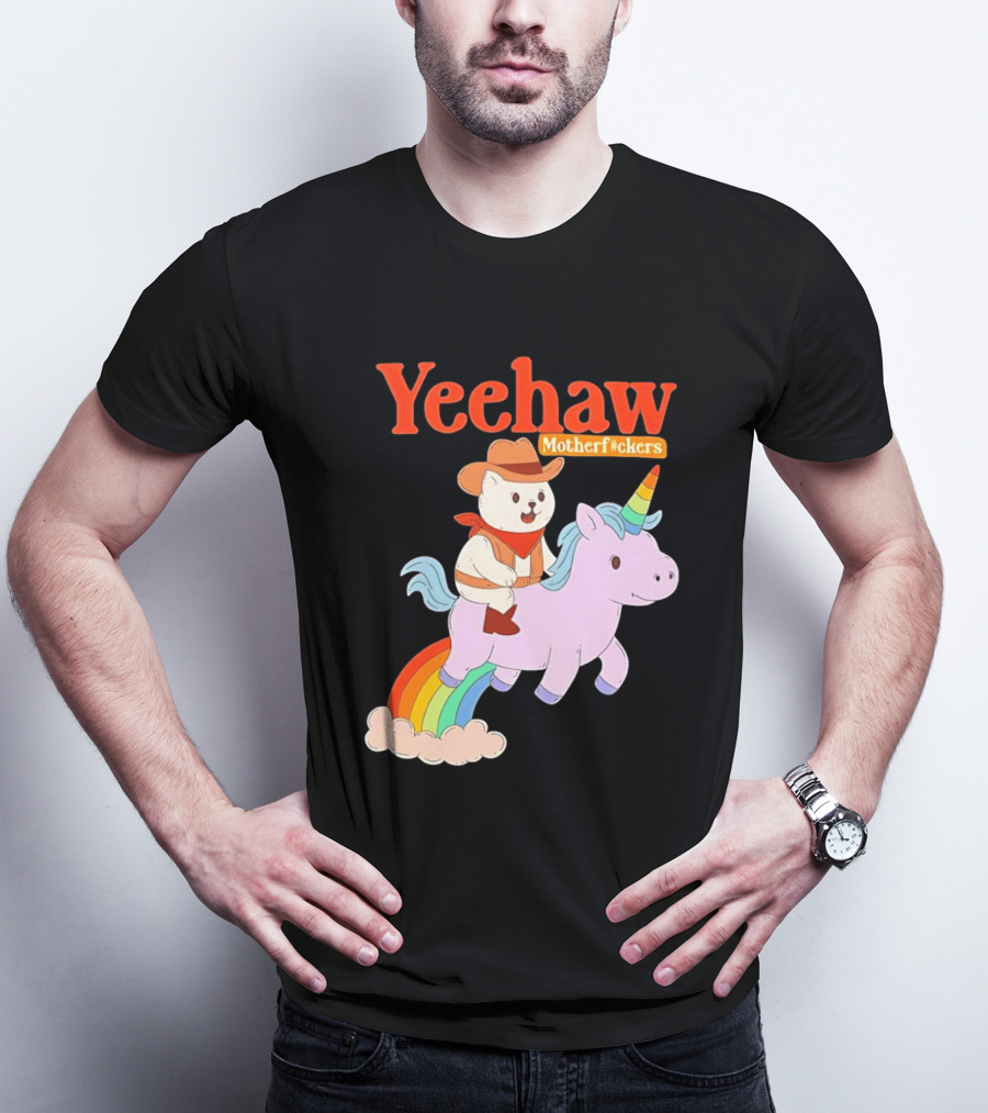 Yeehaw Motherfuckers Cat Cowboy On Rainbow Unicorn T-Shirt