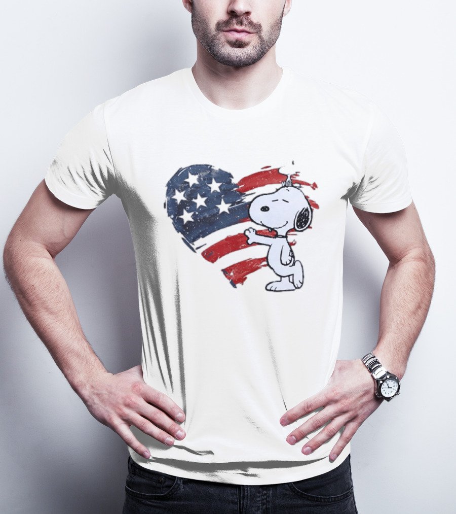 Snoopy Woodstock American Flag Heart Hug T-Shirt