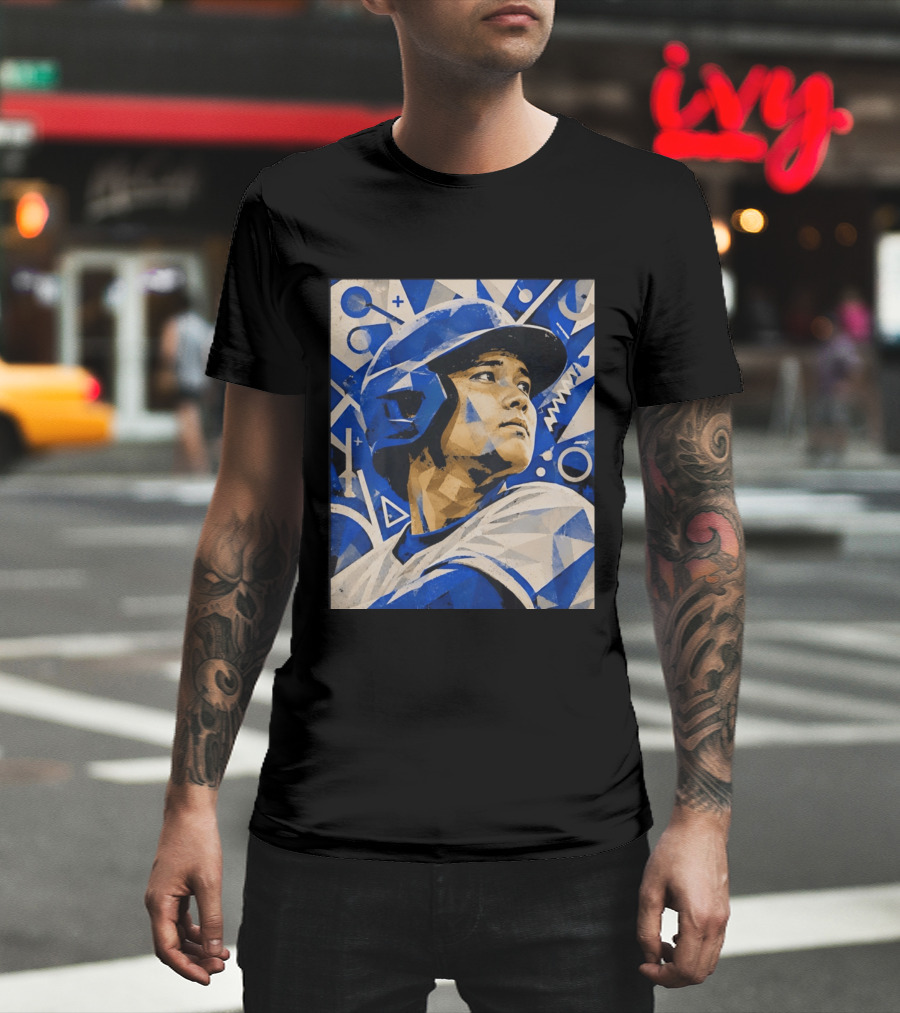 Baseball Player In Geometric Blue Abstract T-Shirt