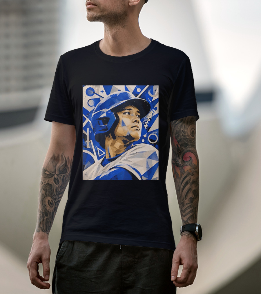 Baseball Player In Geometric Blue Abstract T-Shirt