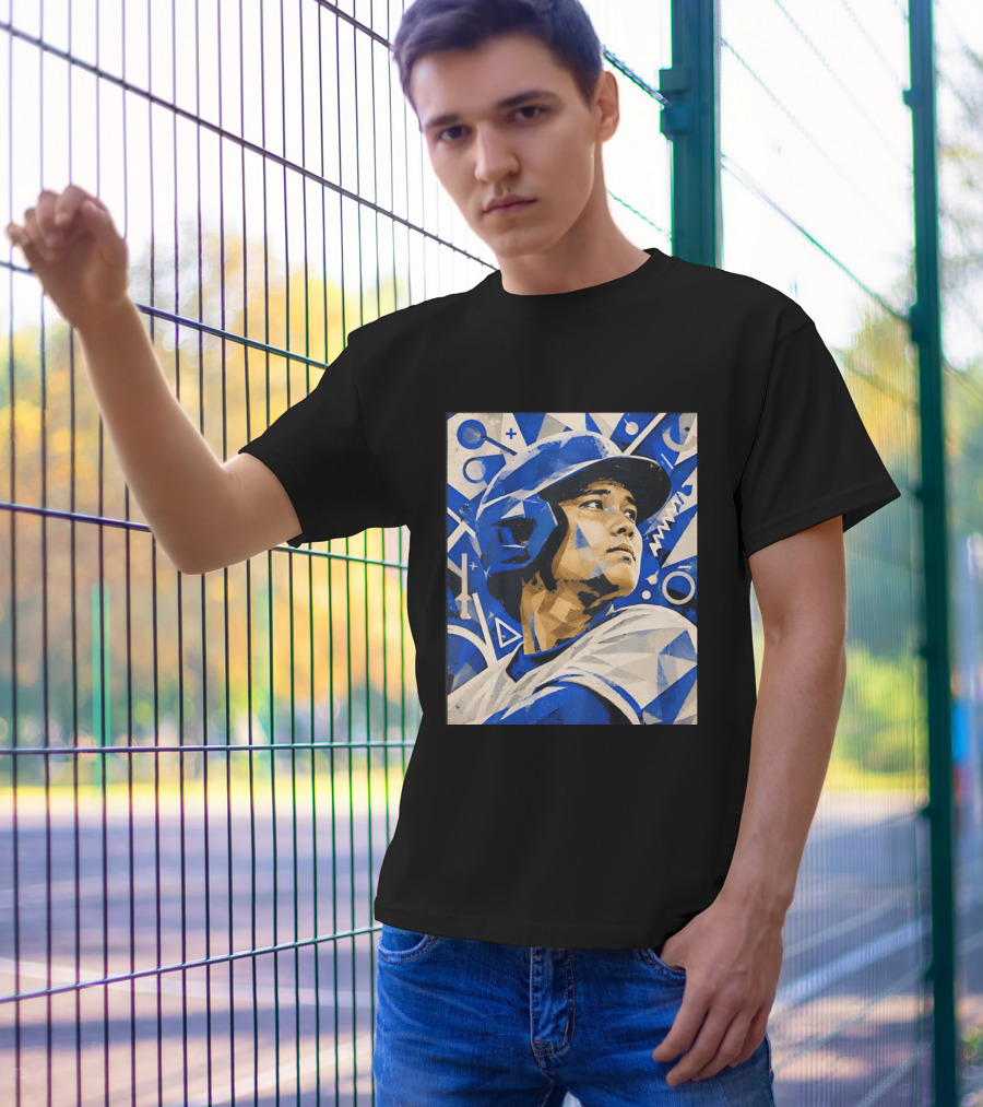 Baseball Player In Geometric Blue Abstract T-Shirt