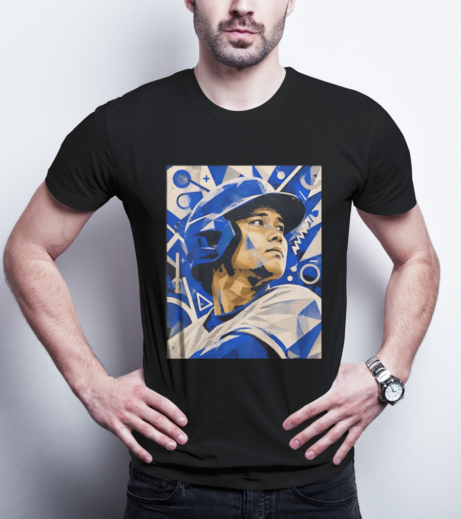 Baseball Player In Geometric Blue Abstract T-Shirt