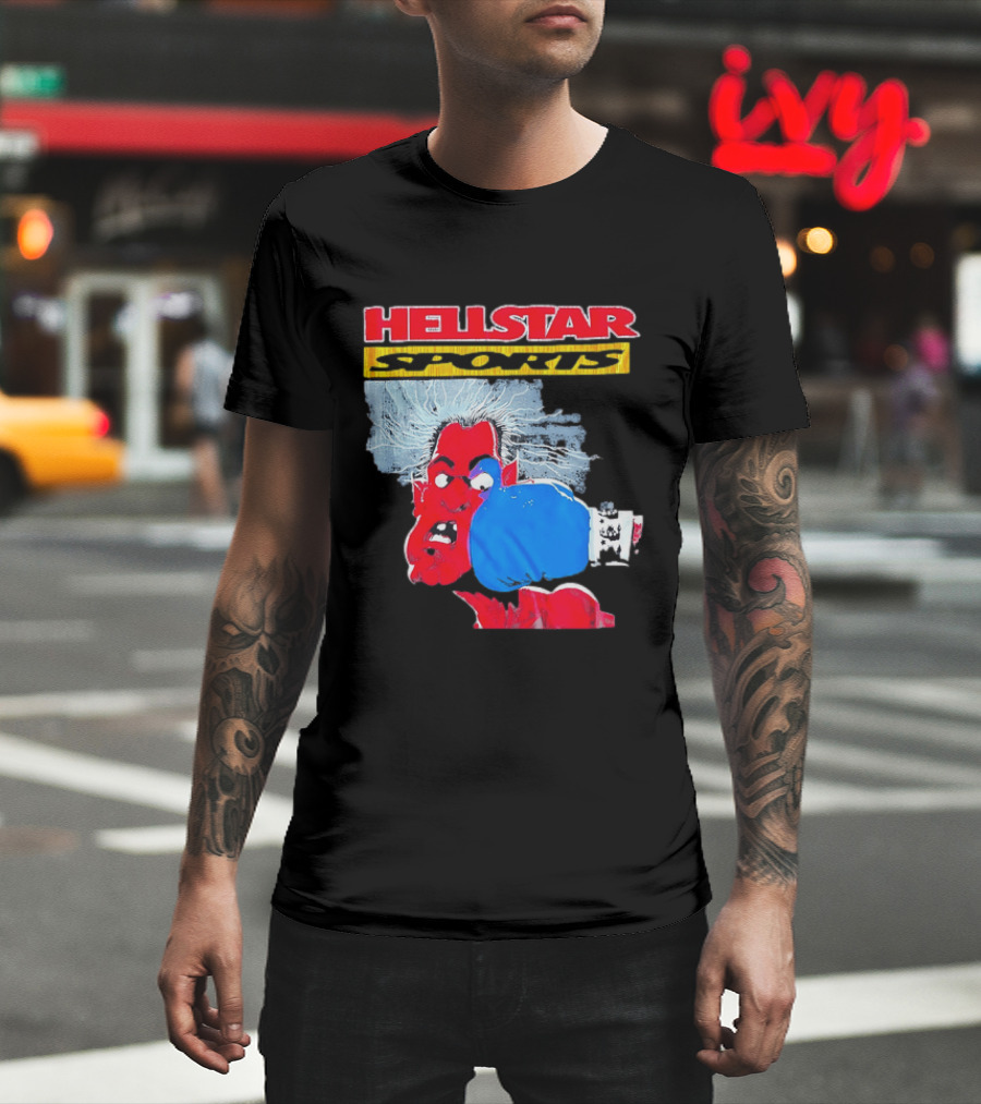 HELLSTAR SPORTS Punching Devil Cartoon Boxing Blue Glove T-Shirt