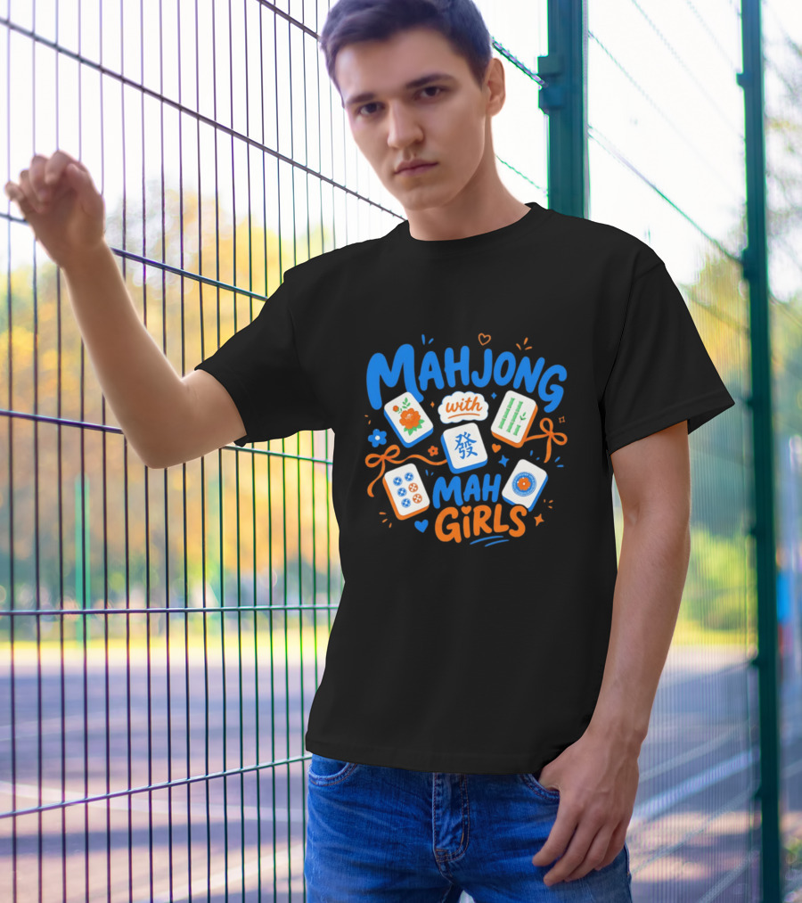 Mahjong With Mah Girls Flower And Bamboo Tiles Game Night T-Shirt