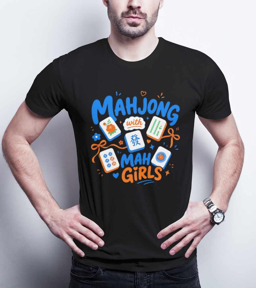 Mahjong With Mah Girls Flower And Bamboo Tiles Game Night T-Shirt