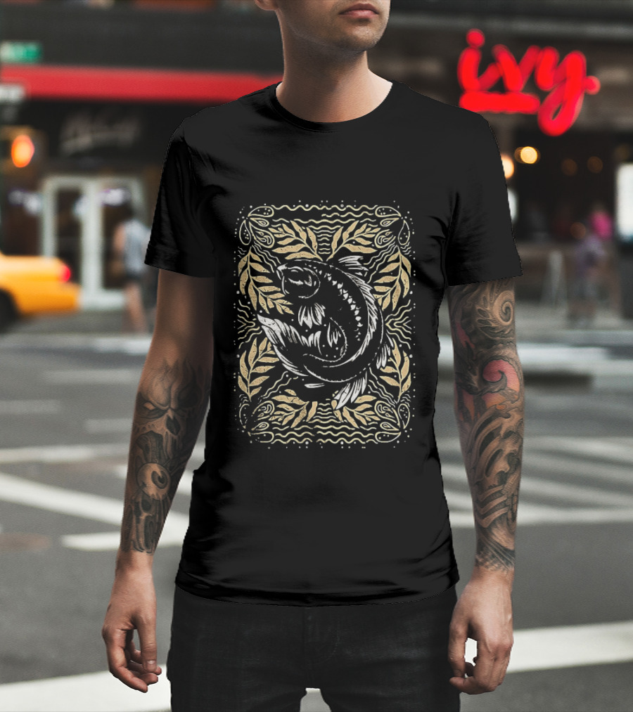 Imperial Koi Fish Artwork With Ornate Leaf Borders T-Shirt