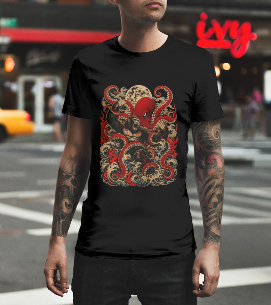 Tokyo Kaiju Octopus Vs Gorilla Battle Waves And Moon Scene T-Shirt