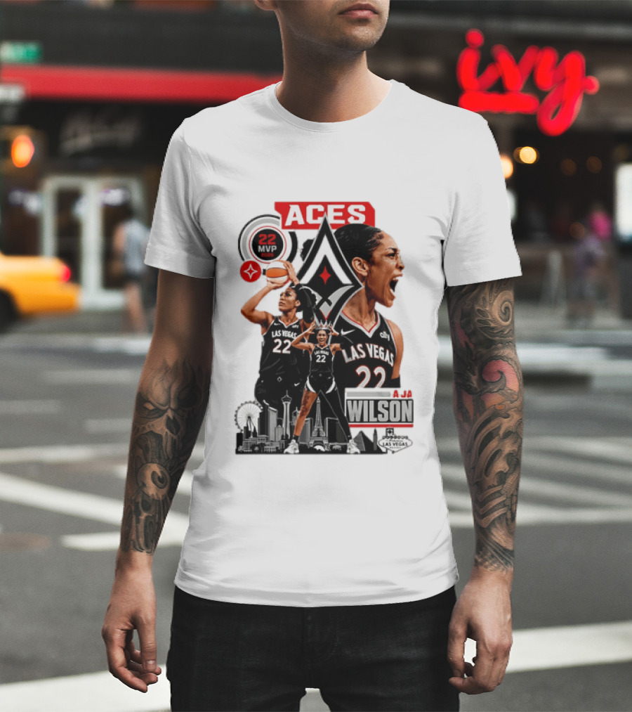 Las Vegas Aces A'ja Wilson 22 MVP Skyline Basketball T-Shirt