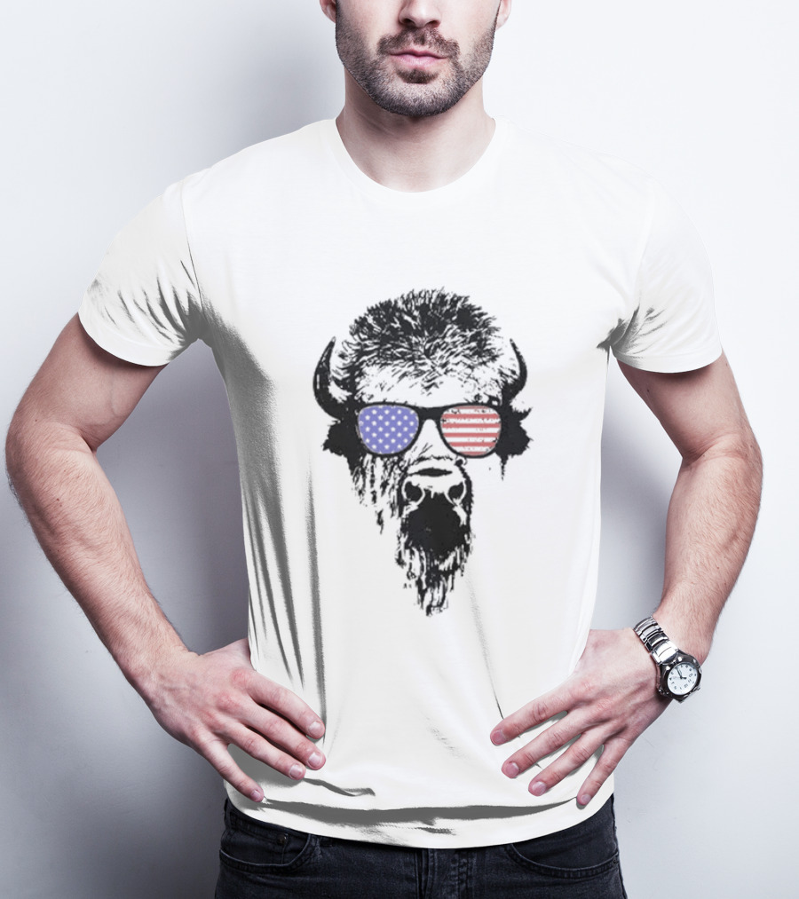 Patriotic Buffalo With USA Flag Red White Blue Sunglasses T-Shirt