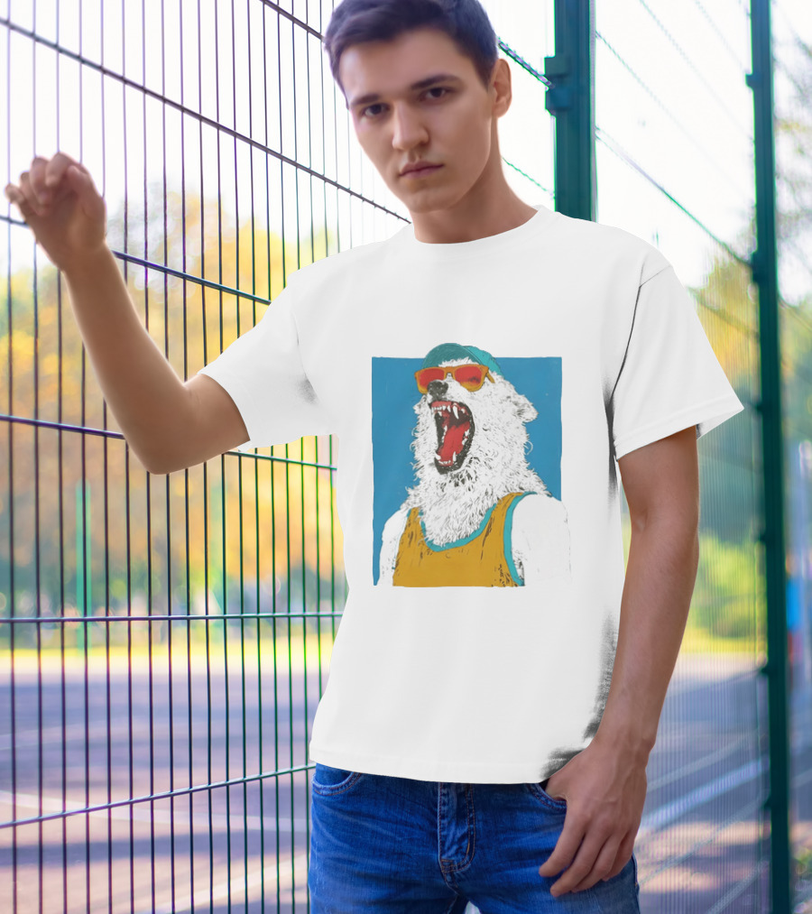 Polar Bear Wearing Sunglasses And Cap In Yellow Roaring T-Shirt