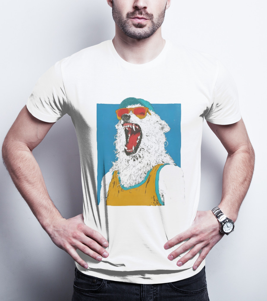 Polar Bear Wearing Sunglasses And Cap In Yellow Roaring T-Shirt
