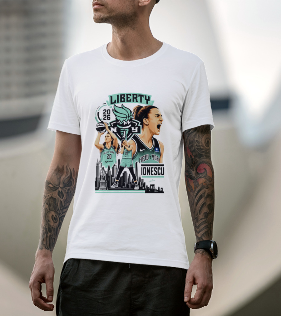 New York Liberty 2026 Sabrina Ionescu 20 Basketball Skyline T-Shirt