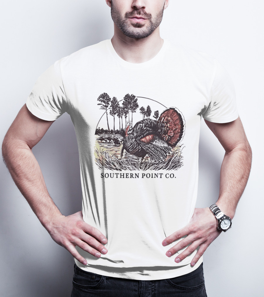 Southern Point Co. Turkey Strutting In The Field With Pine Trees And Horizon Scene T-Shirt