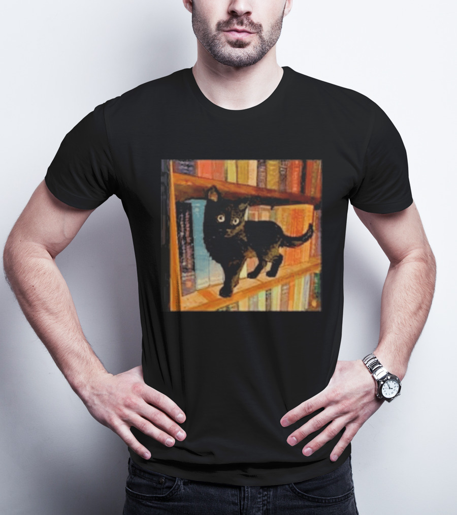Black Cat On Bookshelf With Colorful Books T-Shirt