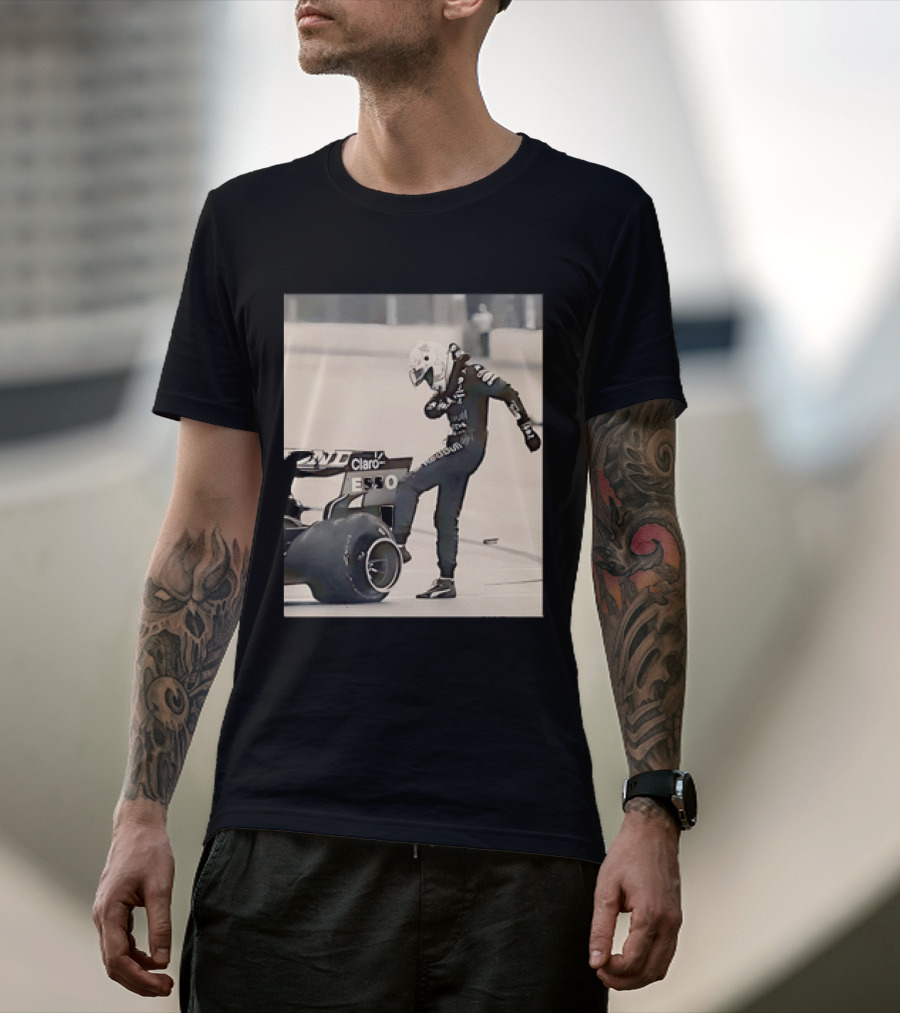 Max Verstappen Kicks Racing Tire Trackside In Racing Suit T-Shirt