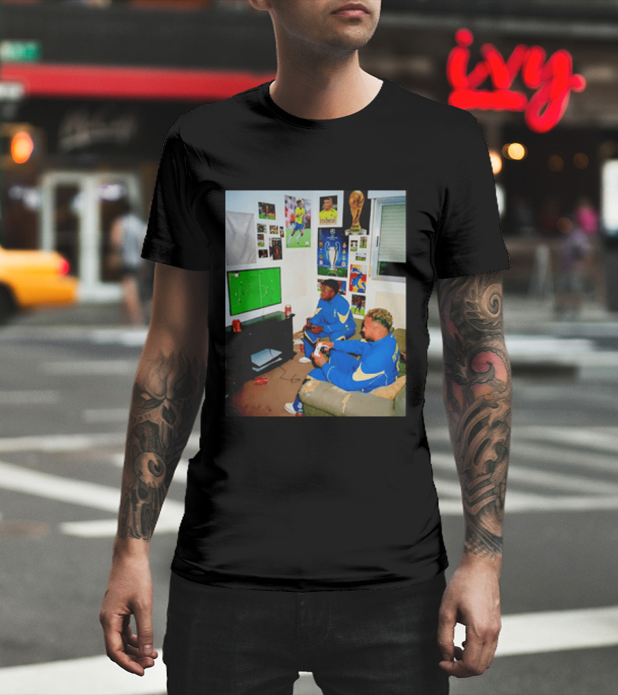Brazil National Team Neymar Vinícius Júnior Playing Video Games Football S T-Shirt