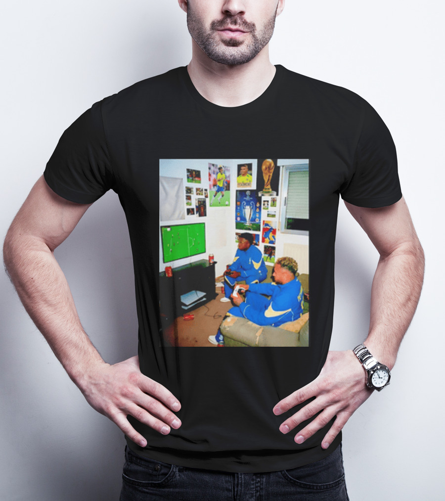 Brazil National Team Neymar Vinícius Júnior Playing Video Games Football S T-Shirt