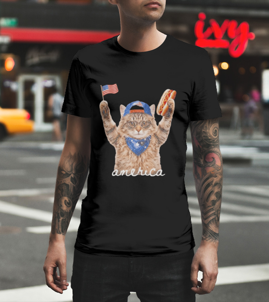 Patriotic Cat American Flag Hot Dog America Fourth Of July Celebration T-Shirt