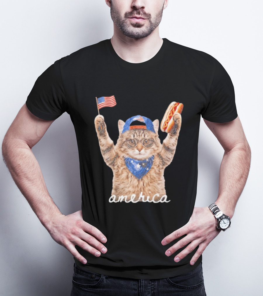 Patriotic Cat American Flag Hot Dog America Fourth Of July Celebration T-Shirt
