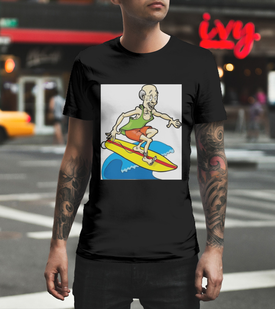 Retired Man Surfing Funny Cartoon Boomer On Yellow Board With Blue Waves T-Shirt