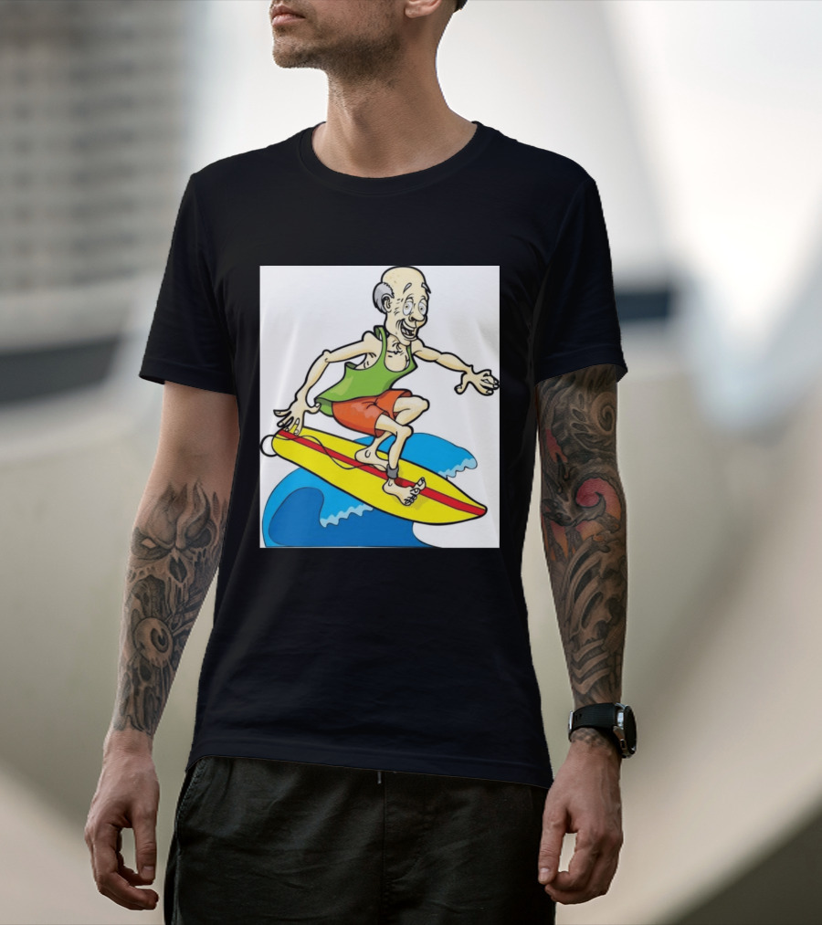 Retired Man Surfing Funny Cartoon Boomer On Yellow Board With Blue Waves T-Shirt
