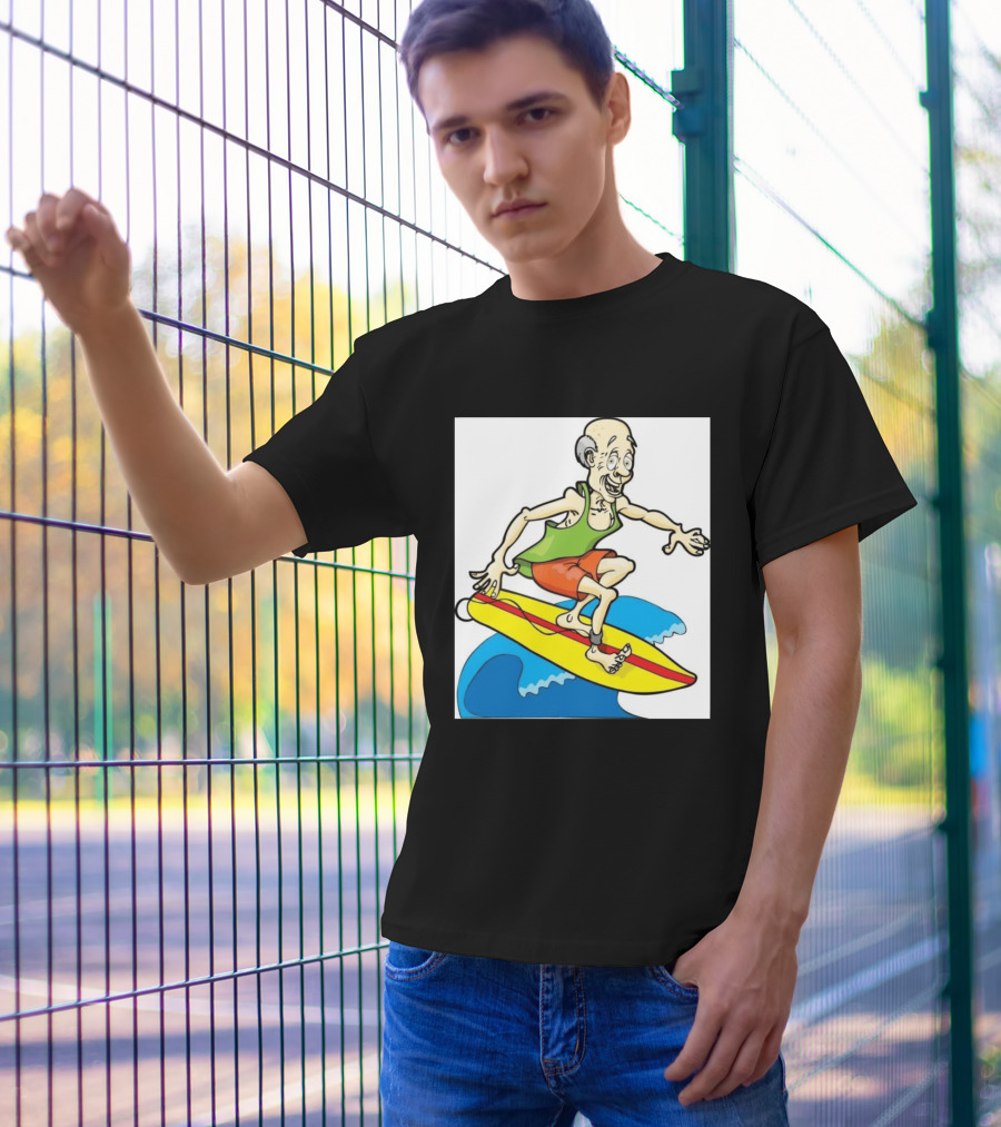 Retired Man Surfing Funny Cartoon Boomer On Yellow Board With Blue Waves T-Shirt