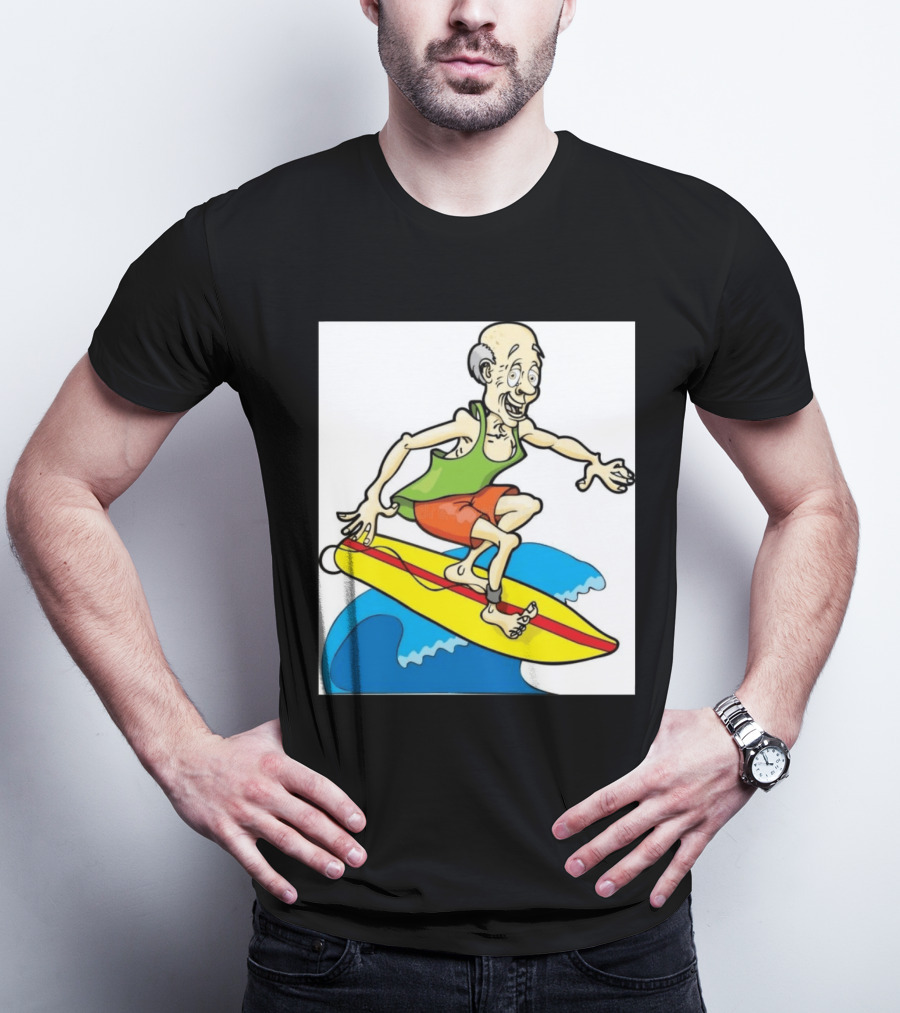Retired Man Surfing Funny Cartoon Boomer On Yellow Board With Blue Waves T-Shirt