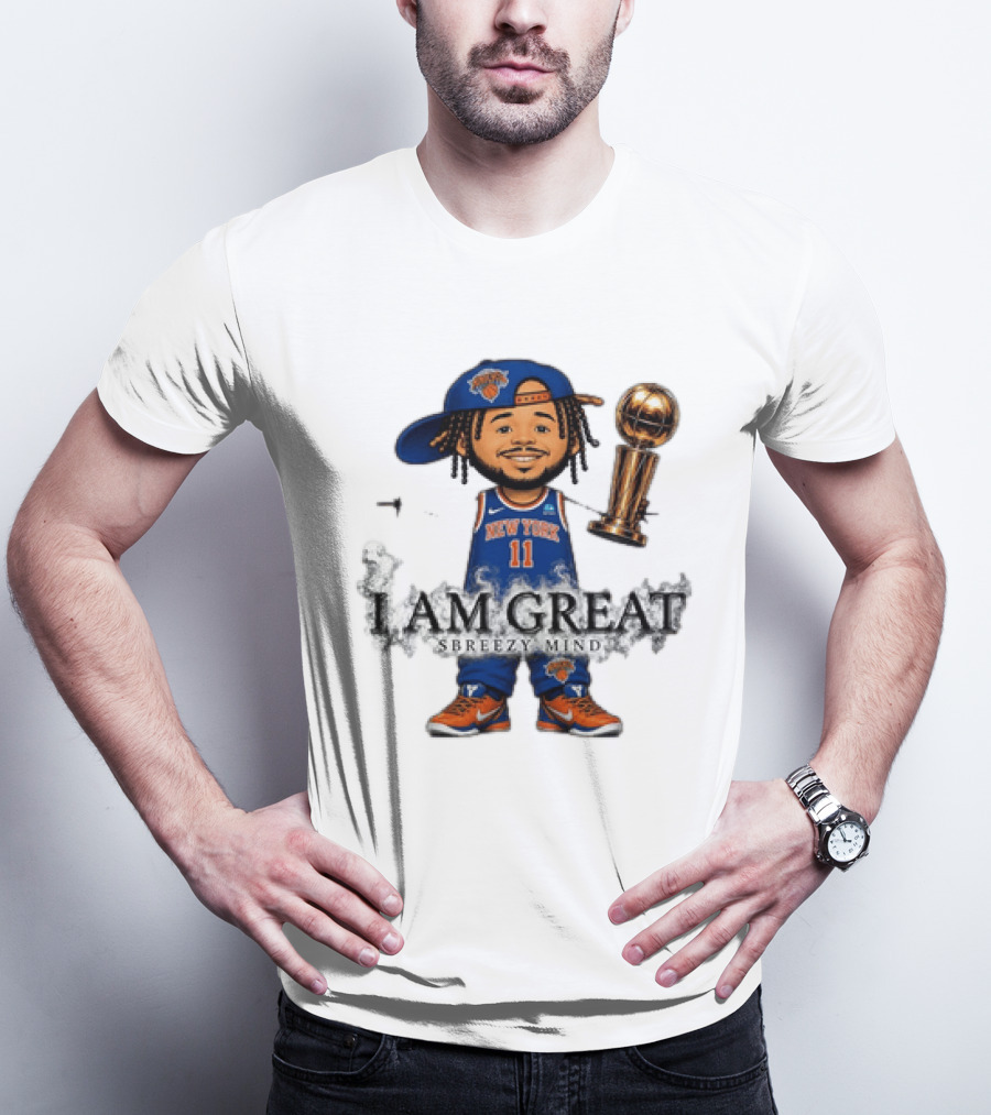 New York Knicks Jalen Brunson I Am Great Big Head Stick Hand Trophy T-Shirt