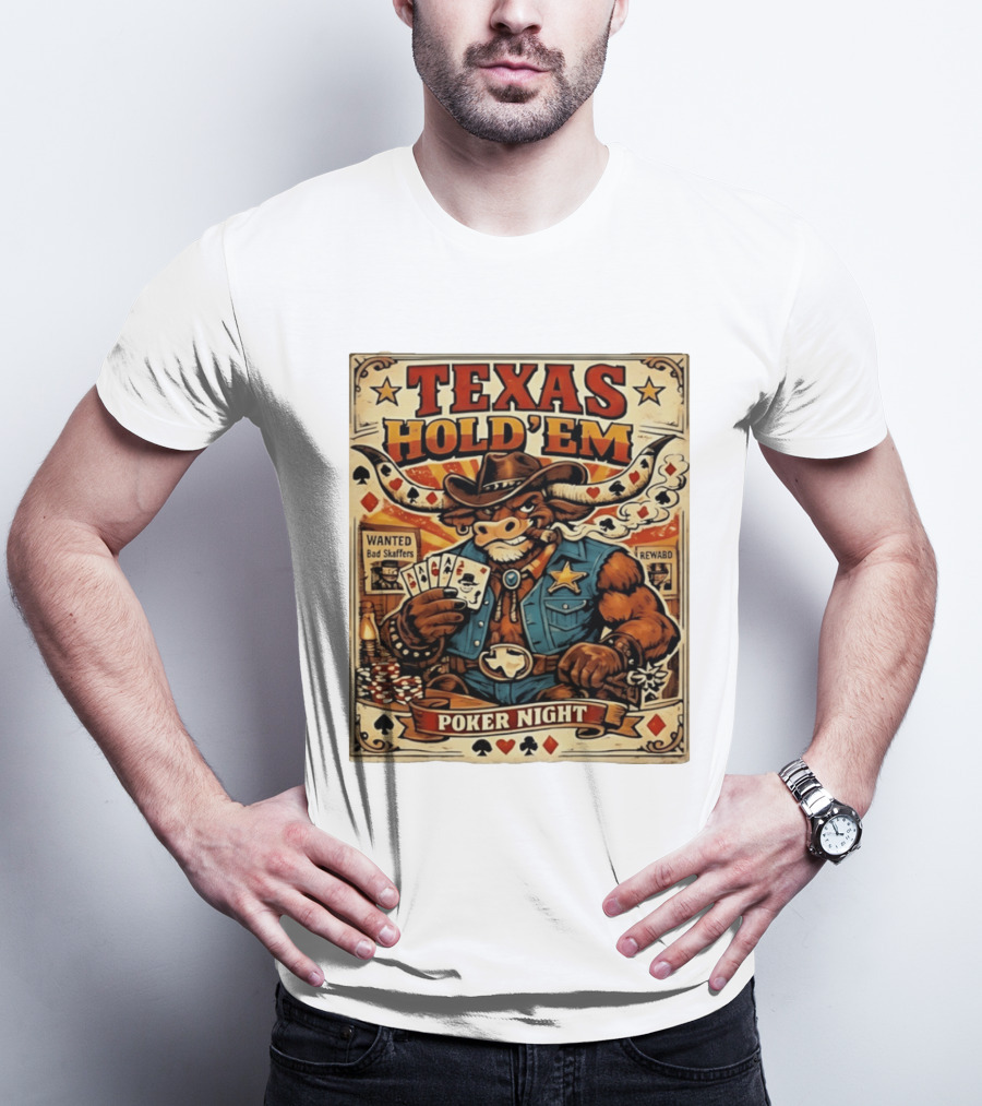 Texas Hold'em Poker Night Cowboy Bull Playing Cards Wanted Bad Skaffers T-Shirt