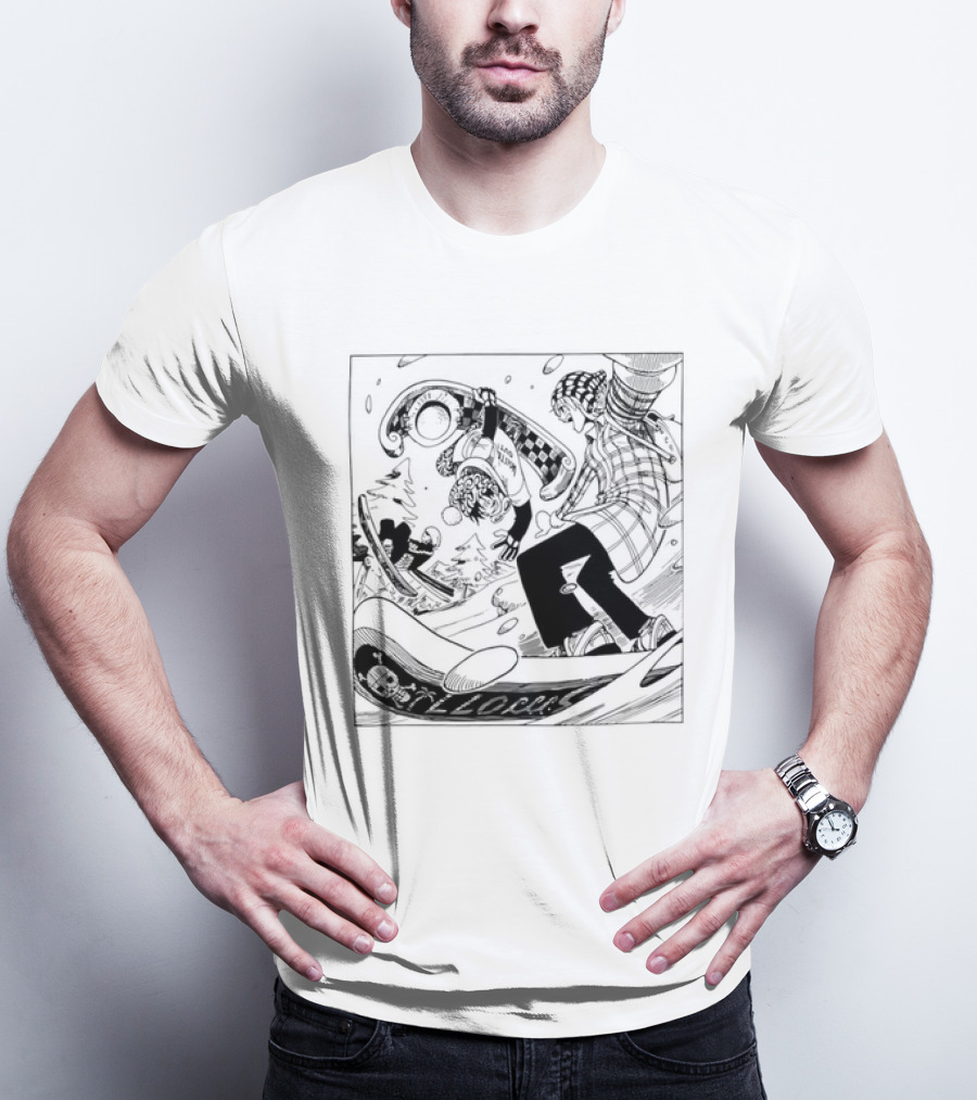 Snowboarding One Piece Crew Manga Style Action White Out Winter Scene T-Shirt